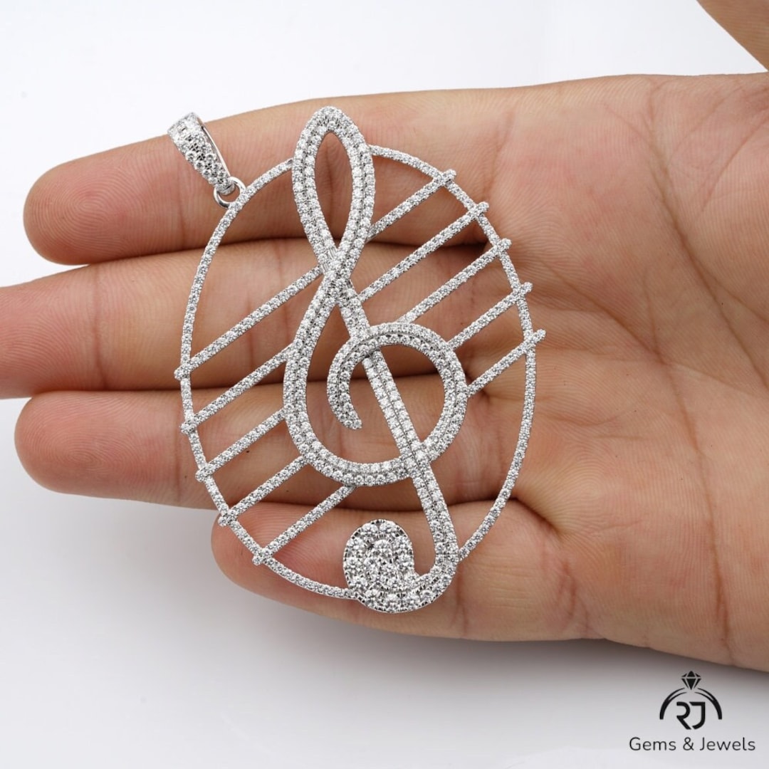 Iced Out Moissanite Treble Clef Pendant: Handmade Sterling Silver ...
