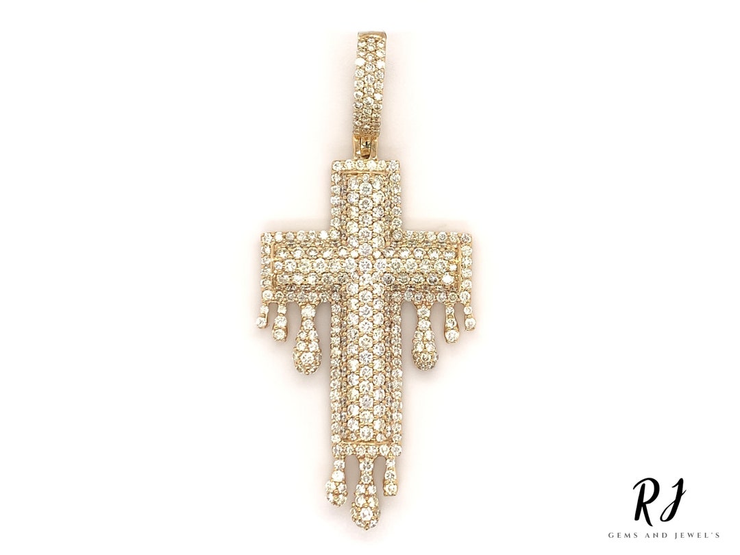 Moissanite Diamond Drip Cross Pendant: 14k Solid Gold Iced Out ...