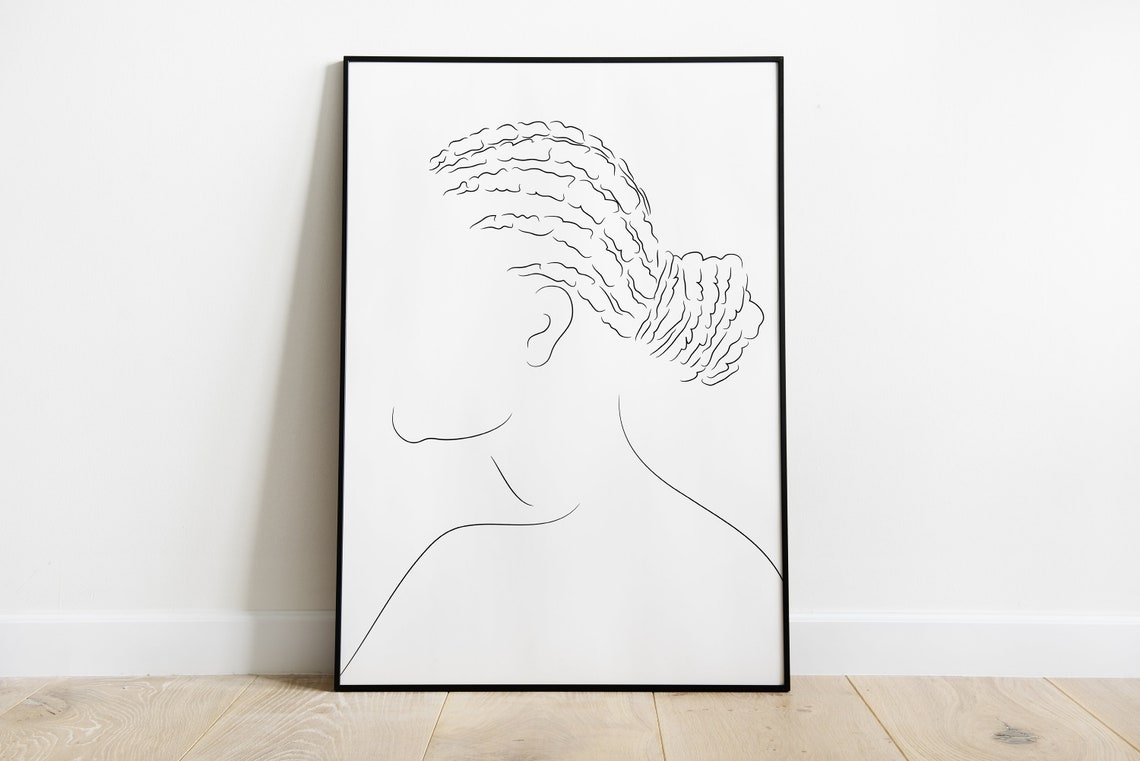 Braided Woman Line Art Print, Boho Minimalist Sketch - Etsy
