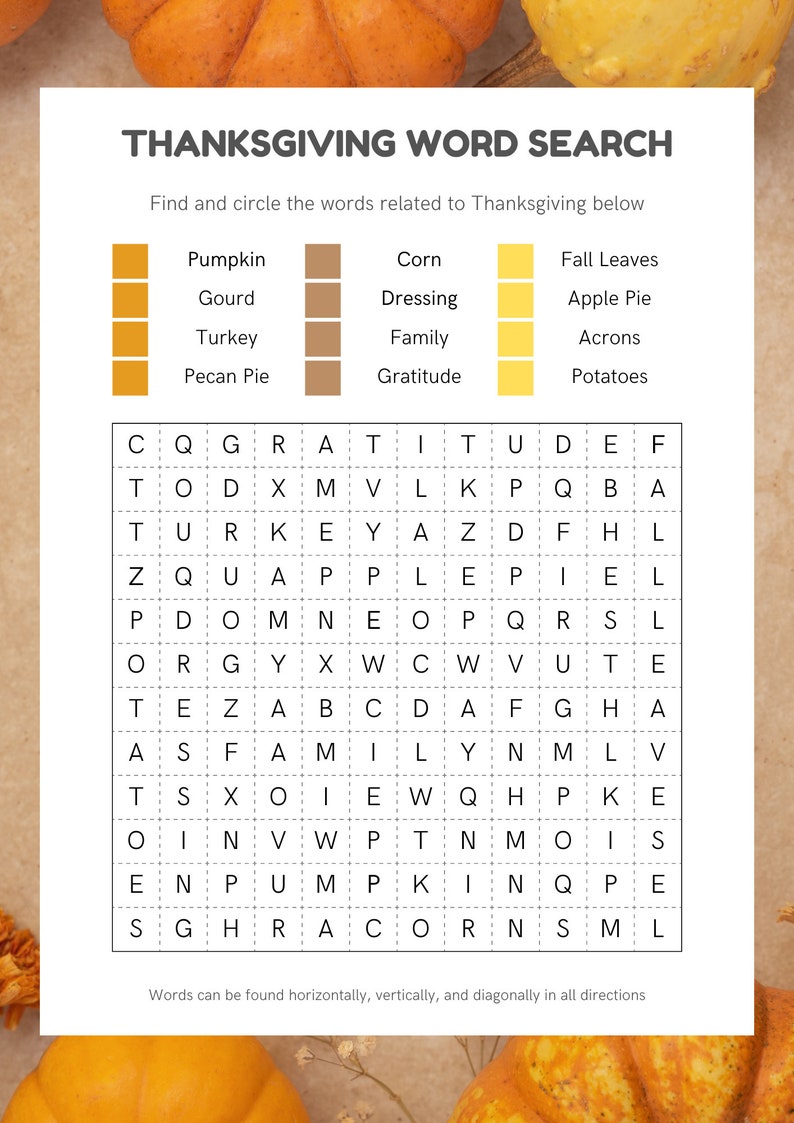 Thanksgiving Word Search - Etsy