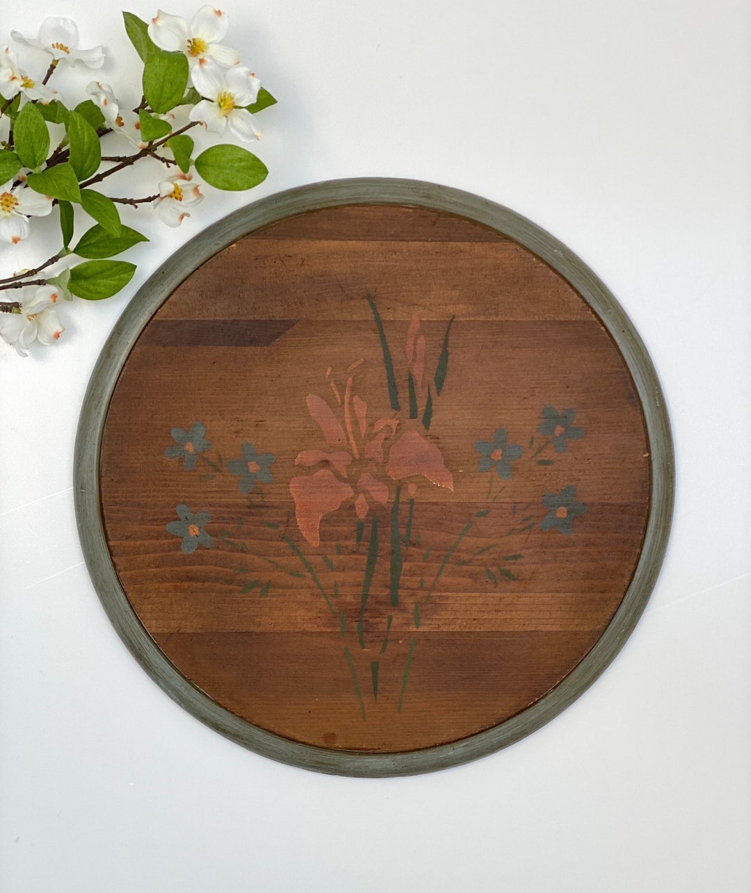 Large Vintage Painted Wood Platter. Rustic Round Wood Centerpiece ...