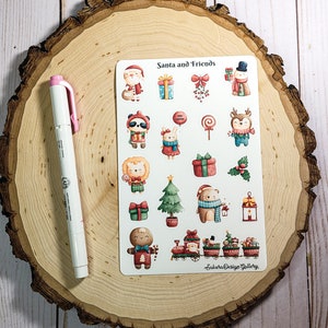 Santa and Friends Sticker Sheet, Cute Animals Christmas Stickers ...