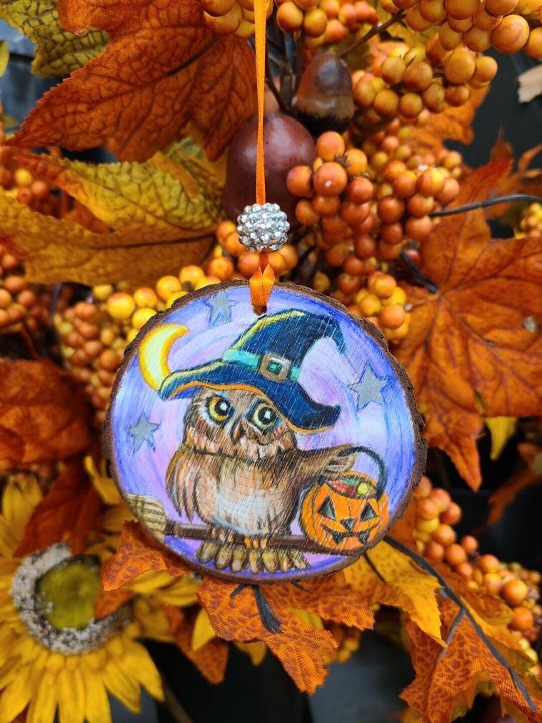 Owl Halloween Ornament, HAND-DRAWN, Pumpkin, Autumn Decor, Original ...