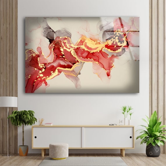 Red Tempered Glass Wall Art- Abstract Shiny Glass Abstract Decor- Glass ...