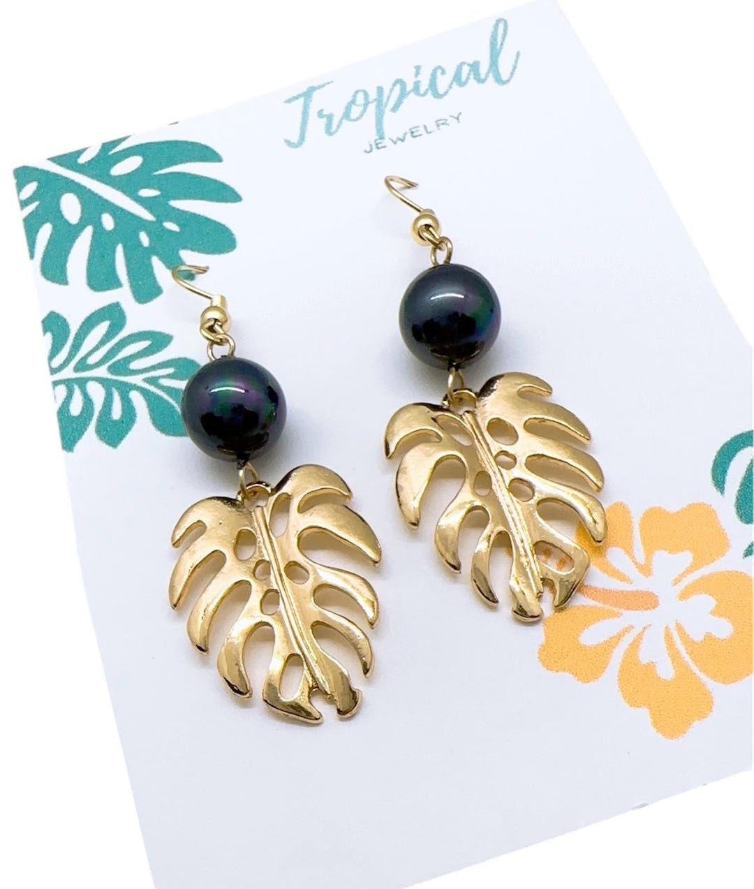 Hawaiian Small Monstera Leaf With Shell Pearls Hamilton Gold Earring or ...