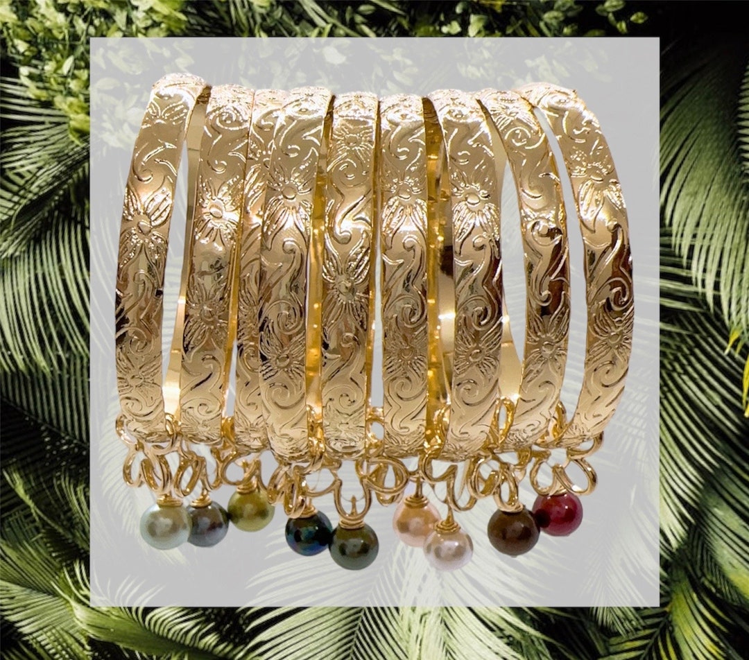 7mm Hamilton Gold Hawaii Tropical Flower and Wave Scroll Design Bangle ...