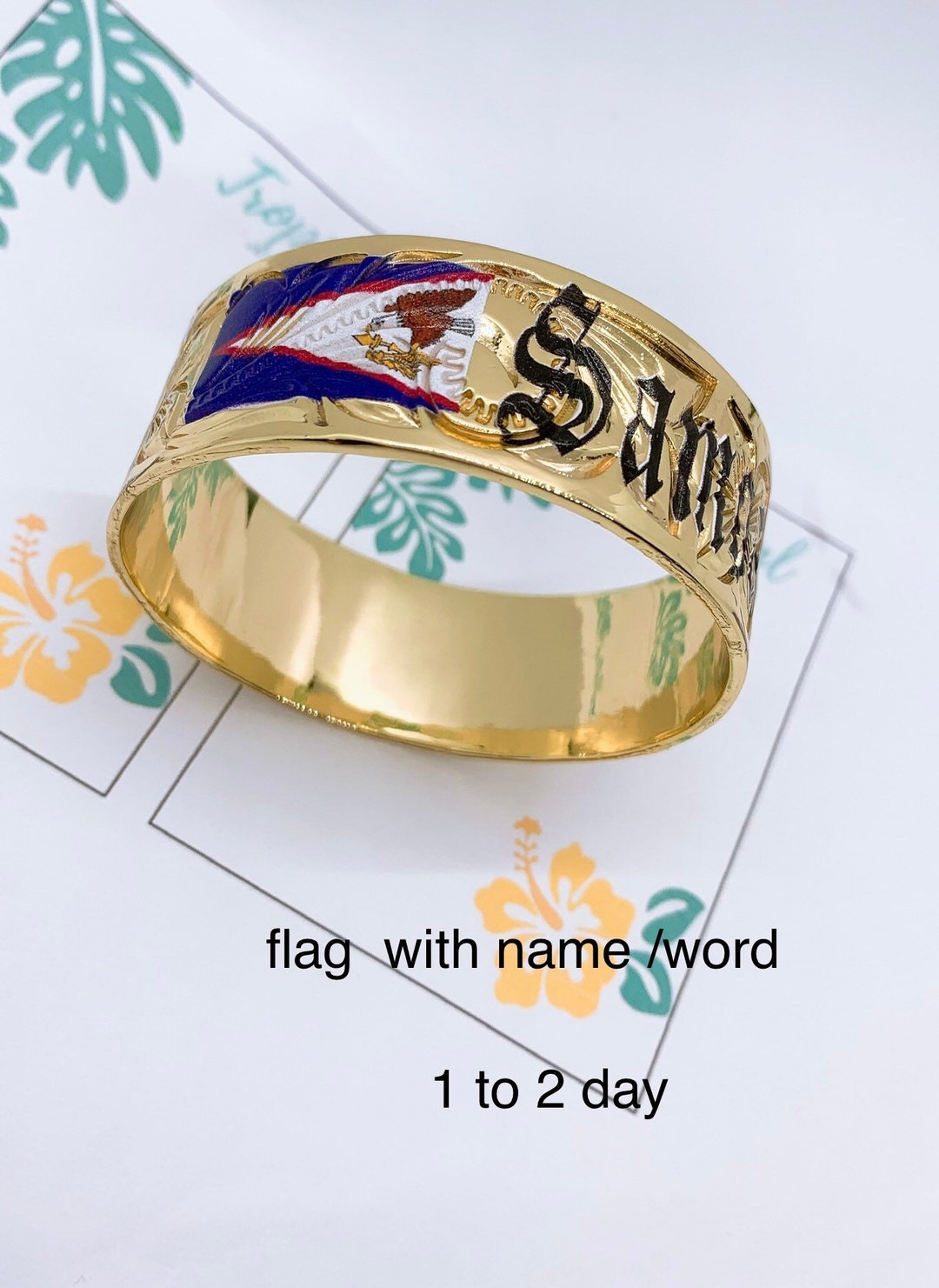 Customize Name Bangle American Samoa Flag 25mm Hawaii Hamilton Gold ...