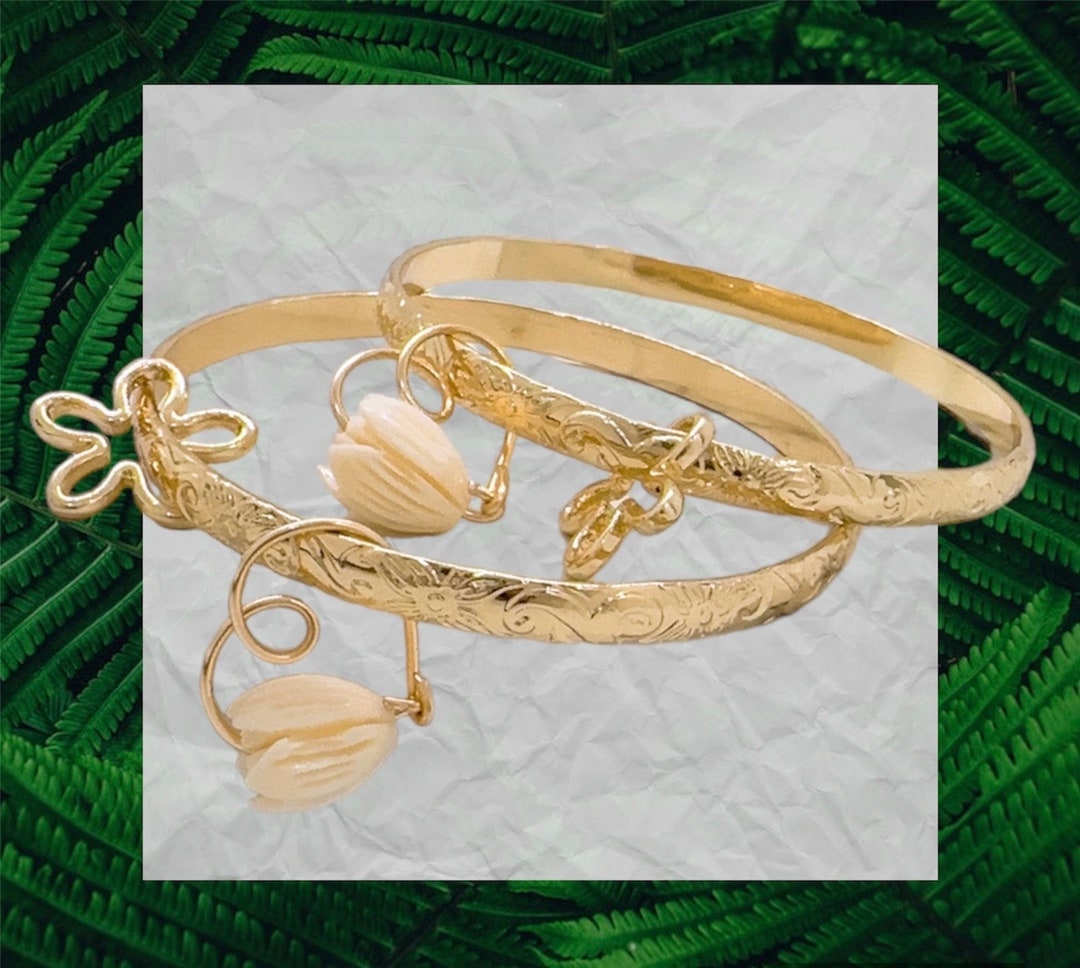 5mm Hamilton Gold Hawaii Tropical Flower and Wave Scroll Design Bangle ...