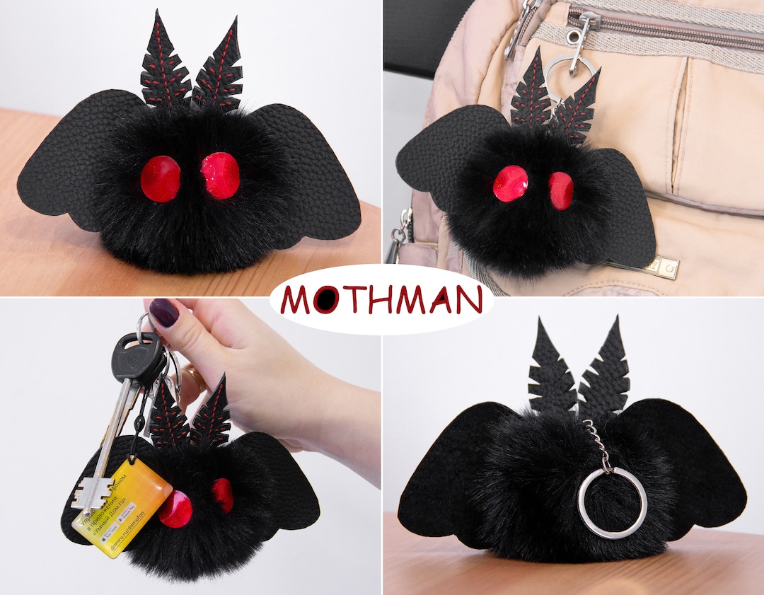 Mothman Plush Keychain Leather Accessorie With Cryptid Faux Fur Pom Pom ...