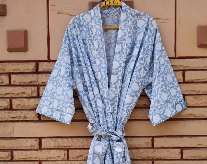 Pure Cotton Kimono Robe Hand Block Printed Dressing Gown,wedding Robe ...