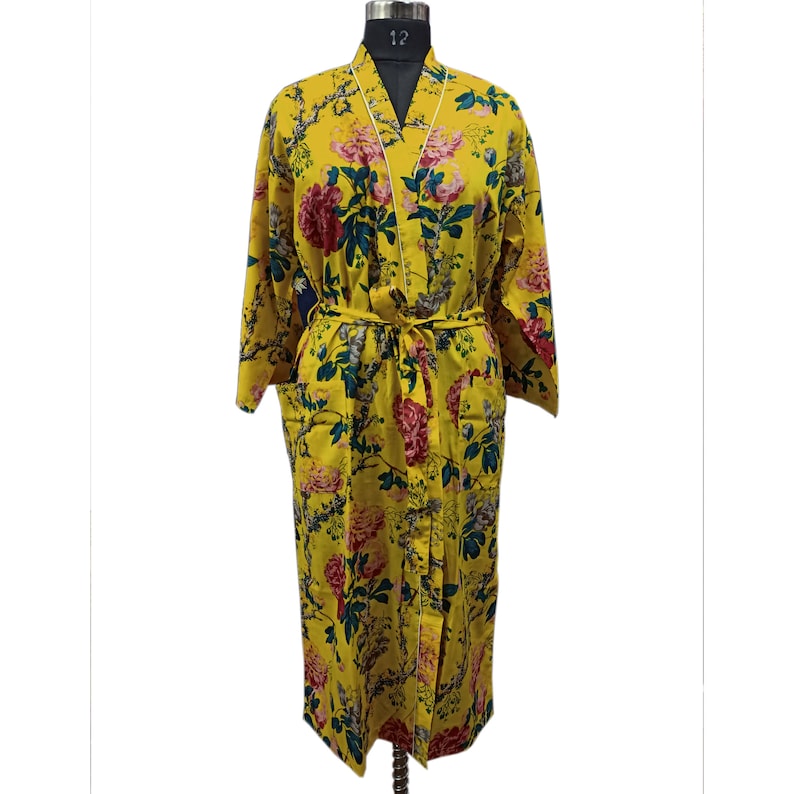 Yellow Floral Print Cotton Kimono Robe Floral Print Robe for - Etsy