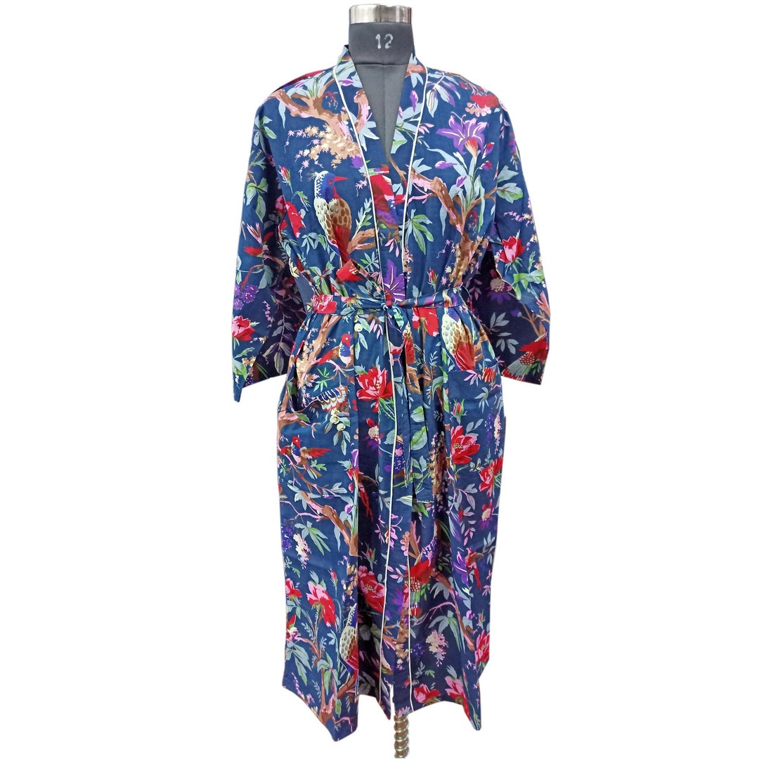 New Blue Bird Print Cotton Kimono Robes, Women's Clothing, Hand Printed ...
