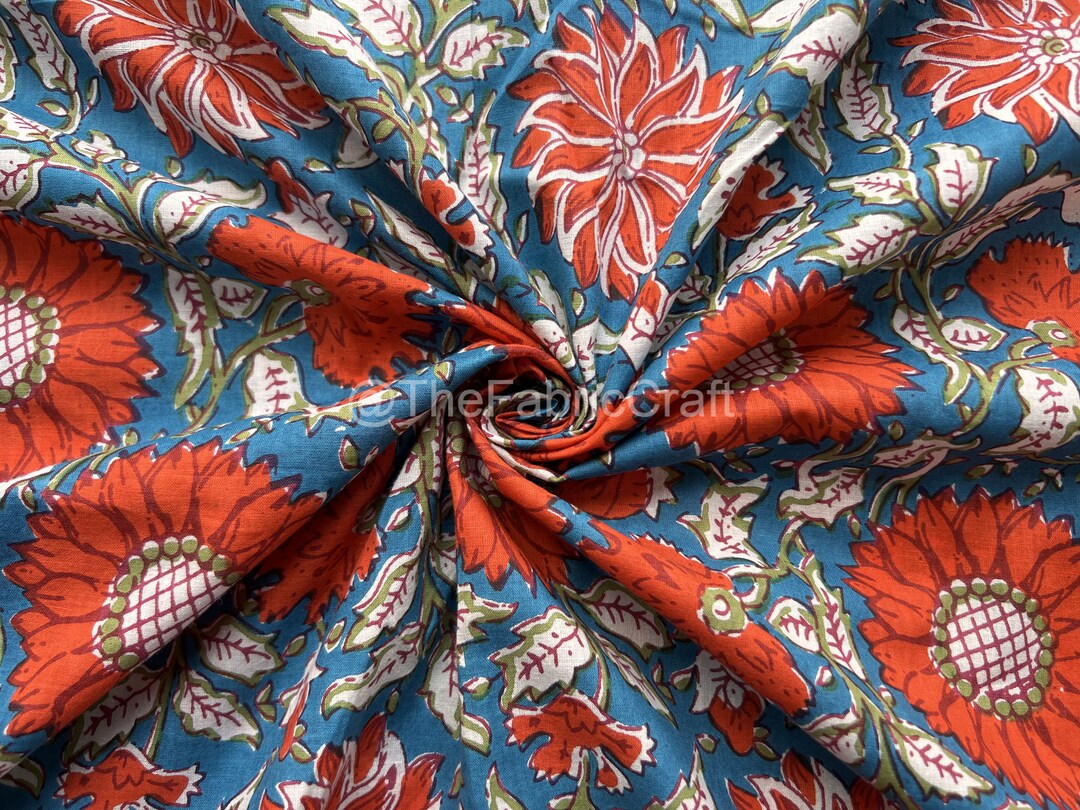 New Red Floral Print Cotton Fabric by the Yard, Indian Hand Printed ...