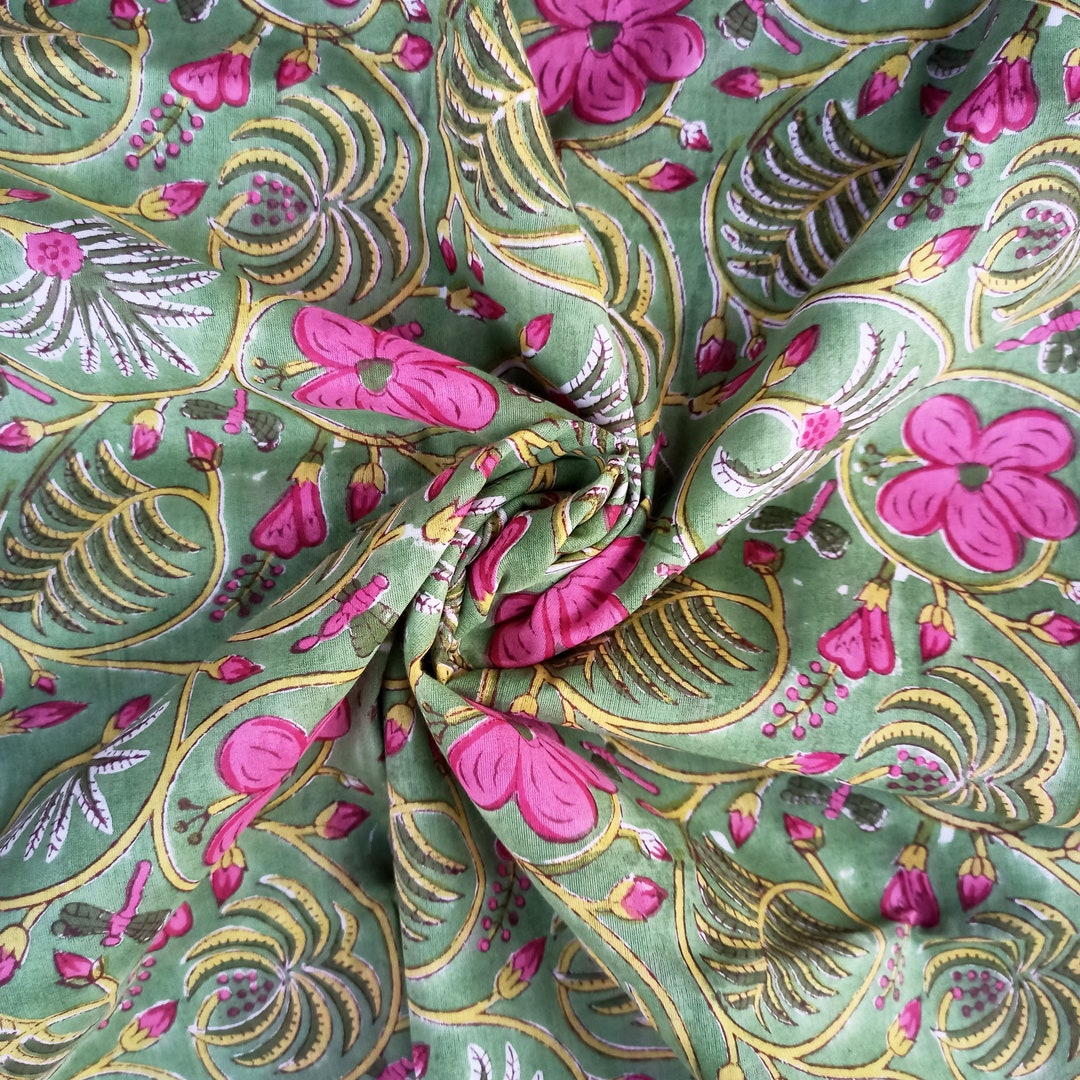 Pink Floral Print Green Fabric, Block Print Fabric, Indian Cotton ...