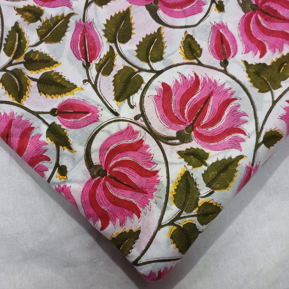Pink Lotus Print Cotton Fabric Block Print Fabric by the - Etsy