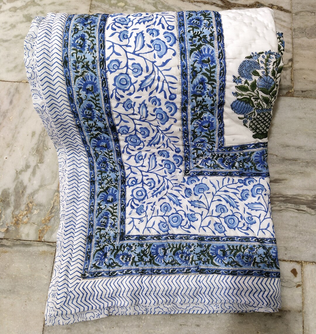 Handmade Floral Block Print Cotton Quilt: Reversible King Size Throw - Etsy