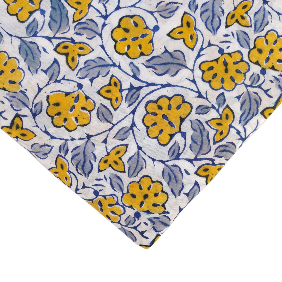 Indian Hand Block Print Cotton Fabric New Yellow Floral Print Soft indian-hand-block-print-cotton-fabric-new-yellow-floral-print-soft