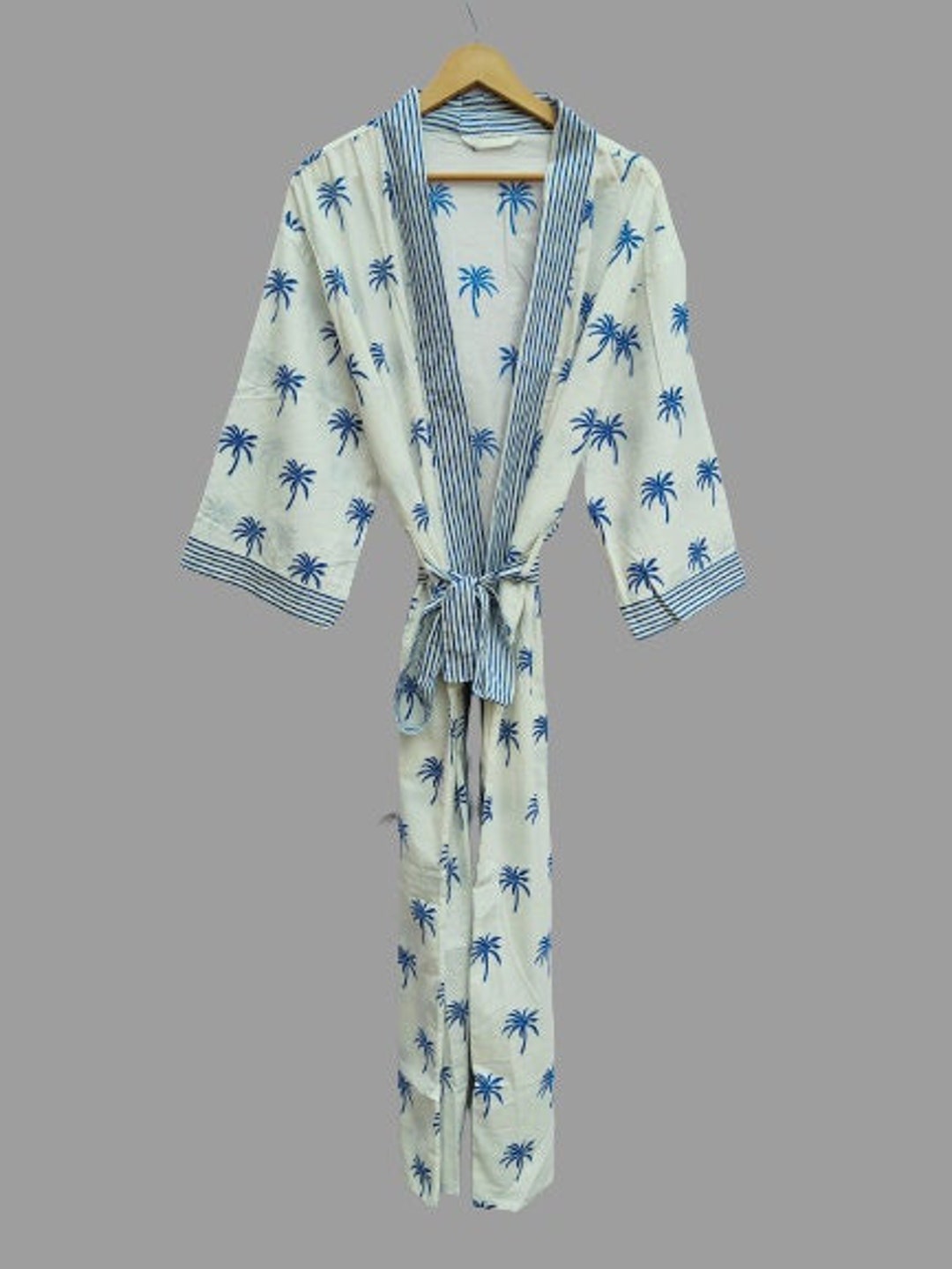 Hand Block Printed Cotton Kimono Robe, Palm Tree Print - Etsy