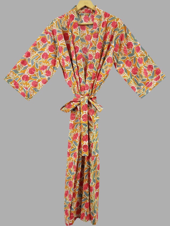 New Block Print Floral Print Kimono Robe Dress Indian - Etsy