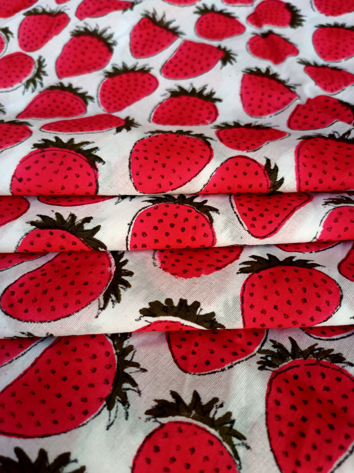 Strawberry Print Cotton Fabric: Hand Block Printed Indian Fabric by the ...