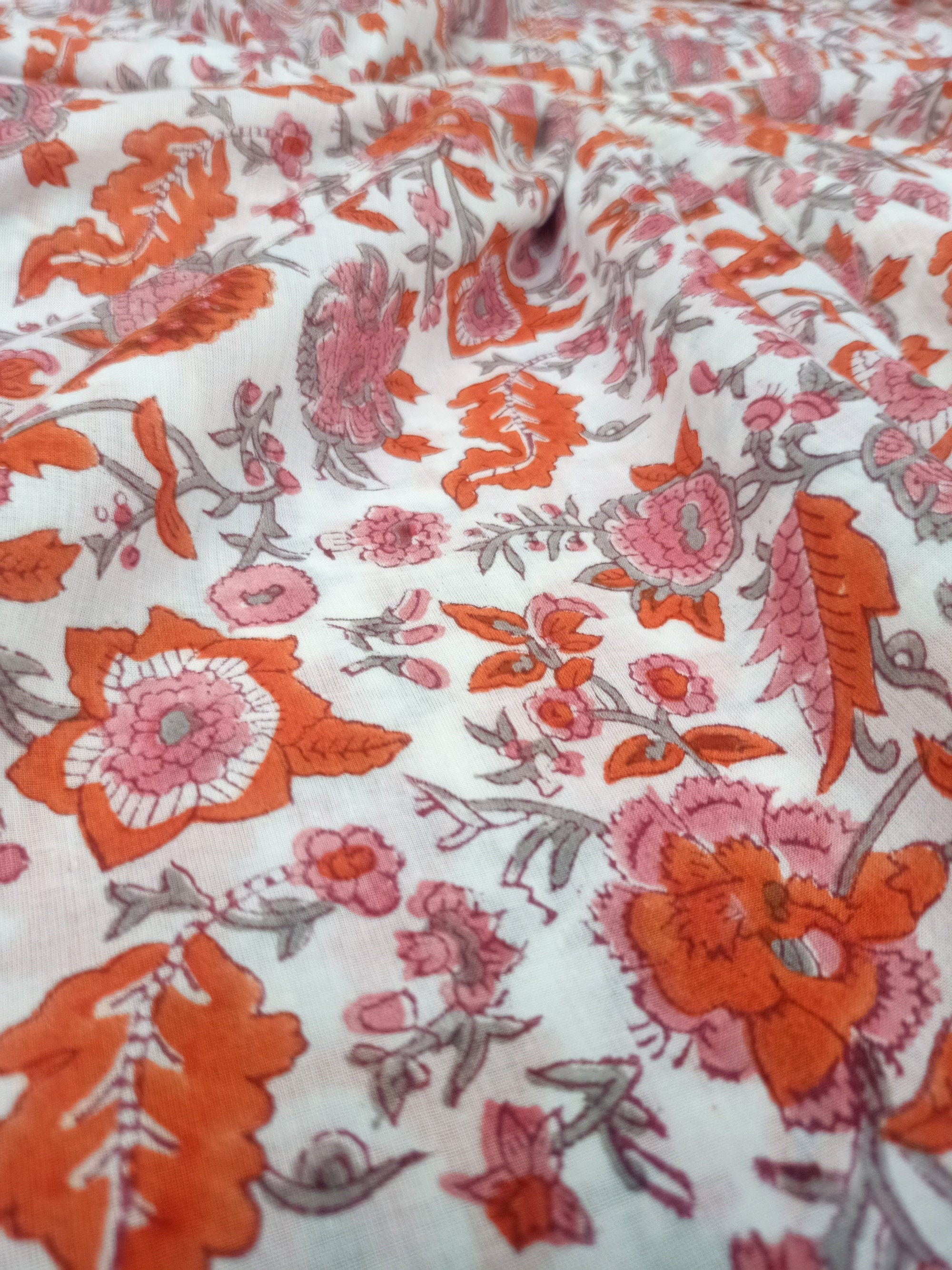Orange Floral Print Fabric Block Printed Fabric By Yard Soft | Etsy