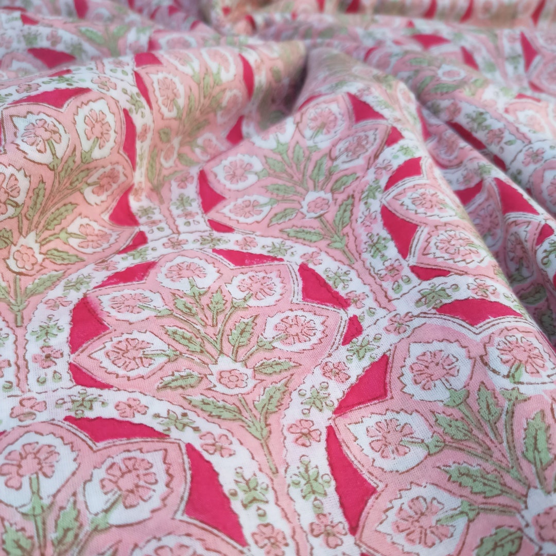 Pink Floral Print Cotton Fabric Indian Block Print Fabric Dressmaking