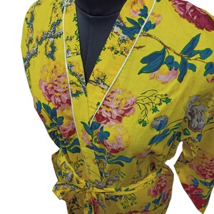 Yellow Floral Print Cotton Kimono Robe, Floral Print Robe for Women ...