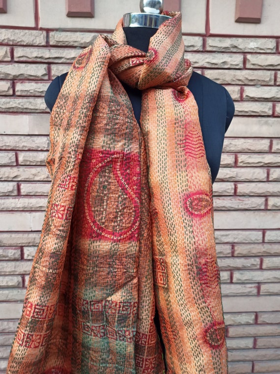Hand Stitched Kantha Scarf Reversible Silk Scarf Vintage Silk Scarf Bohemian Scarves Indian Silk Shawl Etsy UK