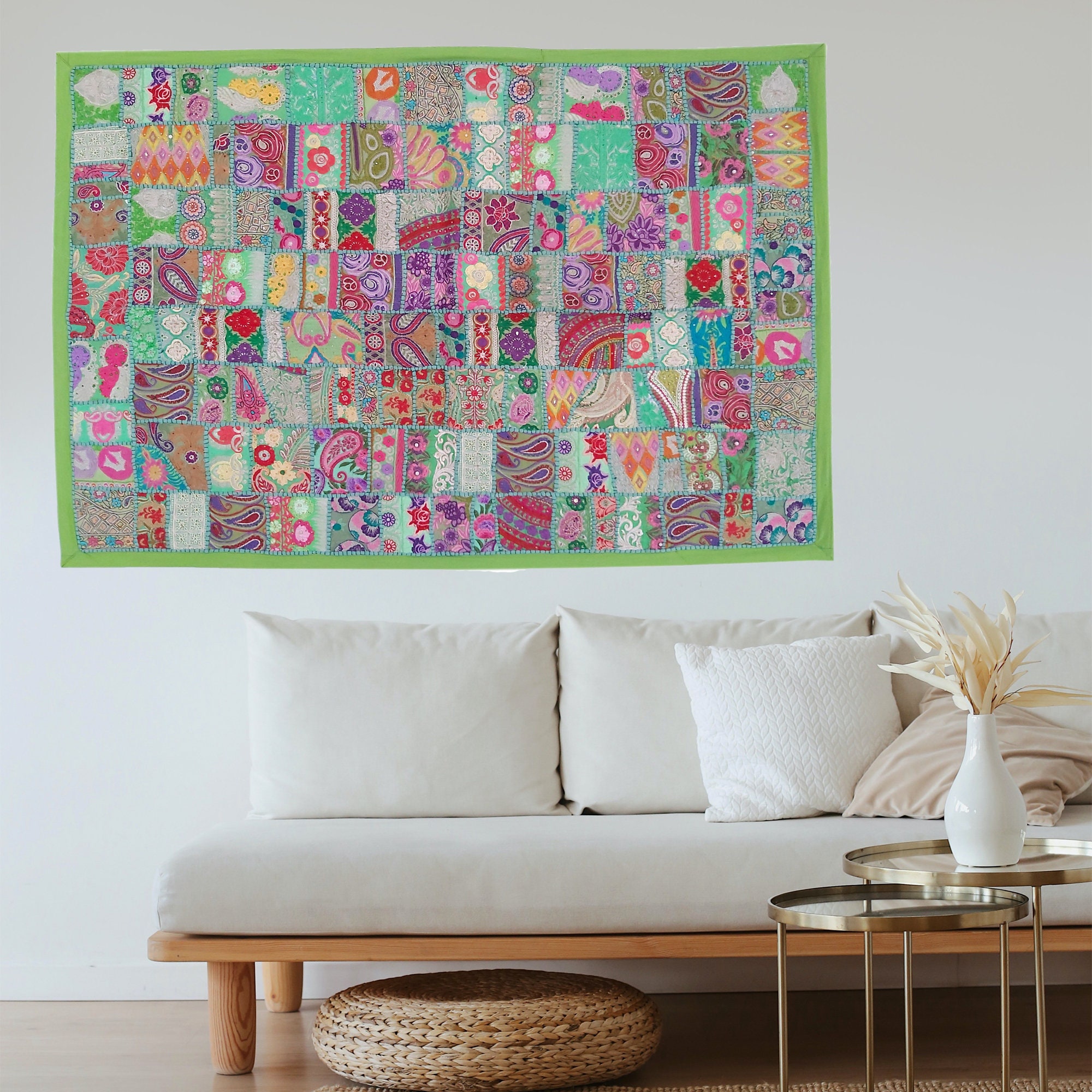Green Sari Patchwork Wall Hanging: Vintage Bohemian Tapestry (40x60) - Etsy