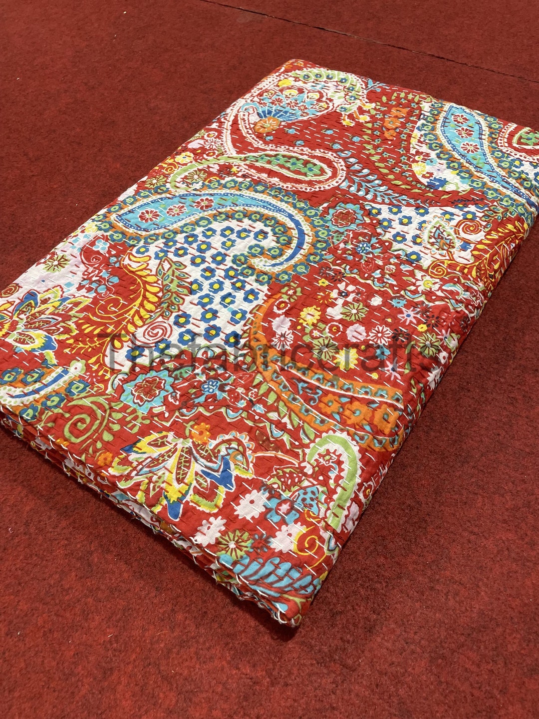 Beautiful Red Paisley Print Cotton Kantha Quilt, Indian Hand Block ...