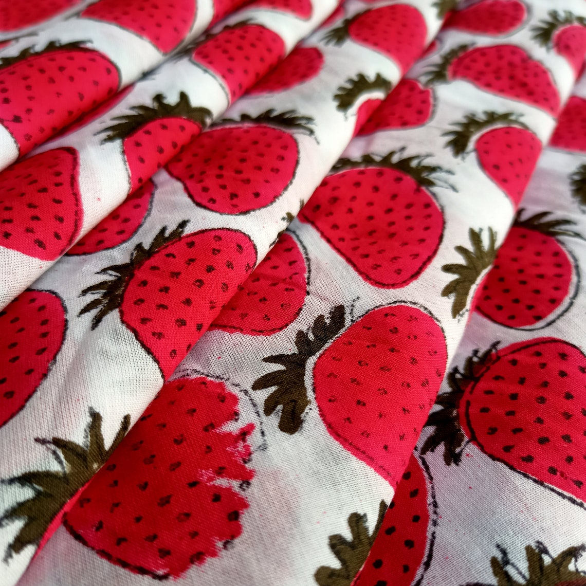 Strawberry Print Fabric by the Yard Block Print Cotton - Etsy