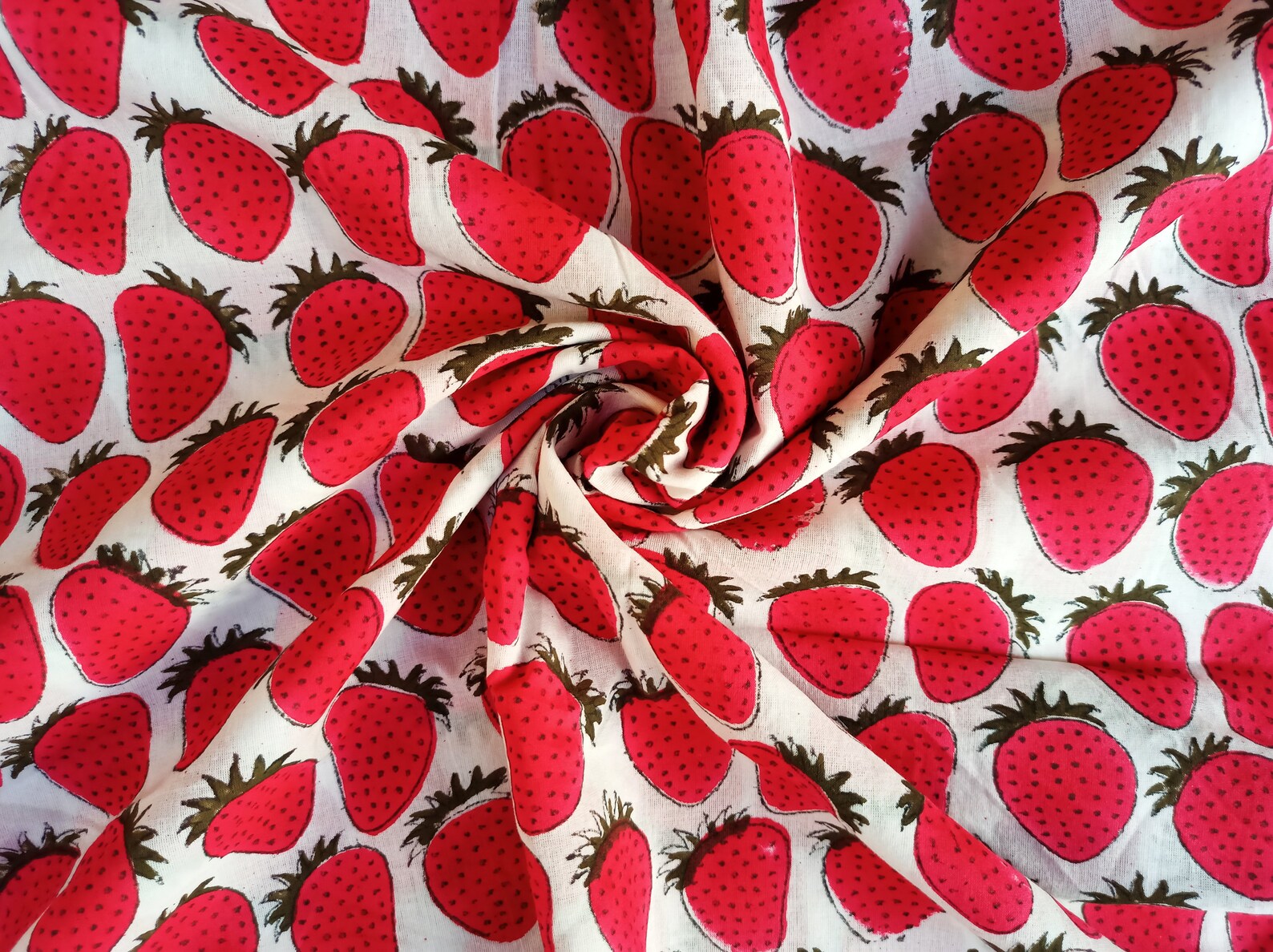 Strawberry Print Cotton Fabric: Hand Block Printed Indian Fabric by the ...
