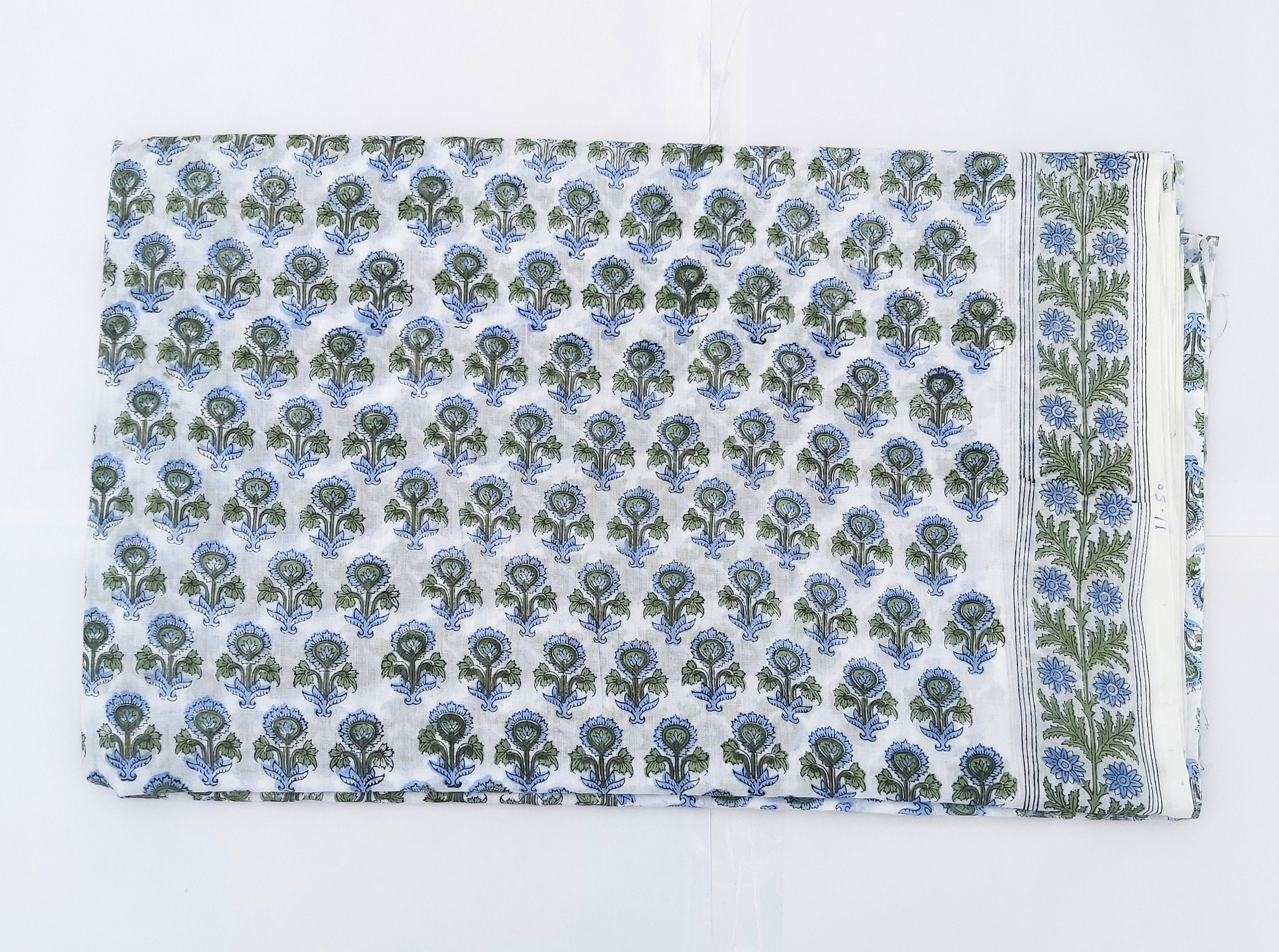 Handmade Cotton Fabric By The Yard 3 Yards Indian Blue Floral Hand ...