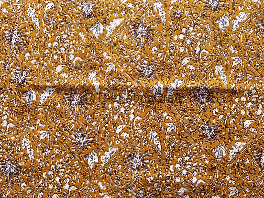 Mustard Color Floral Print Fabric, Indian Hand Block Fabric, Handmade ...
