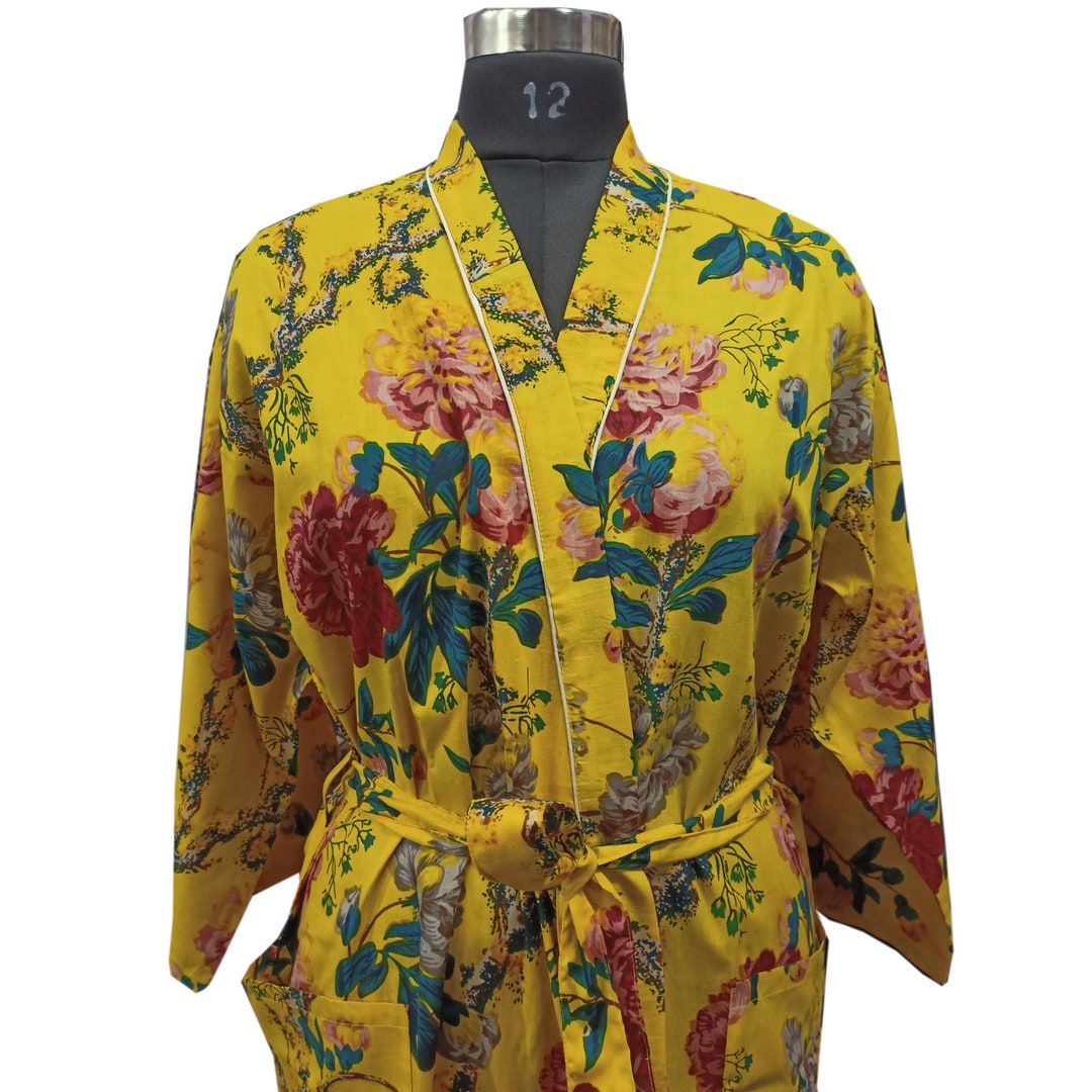 Yellow Floral Print Cotton Kimono Robe, Floral Print Robe for Women ...