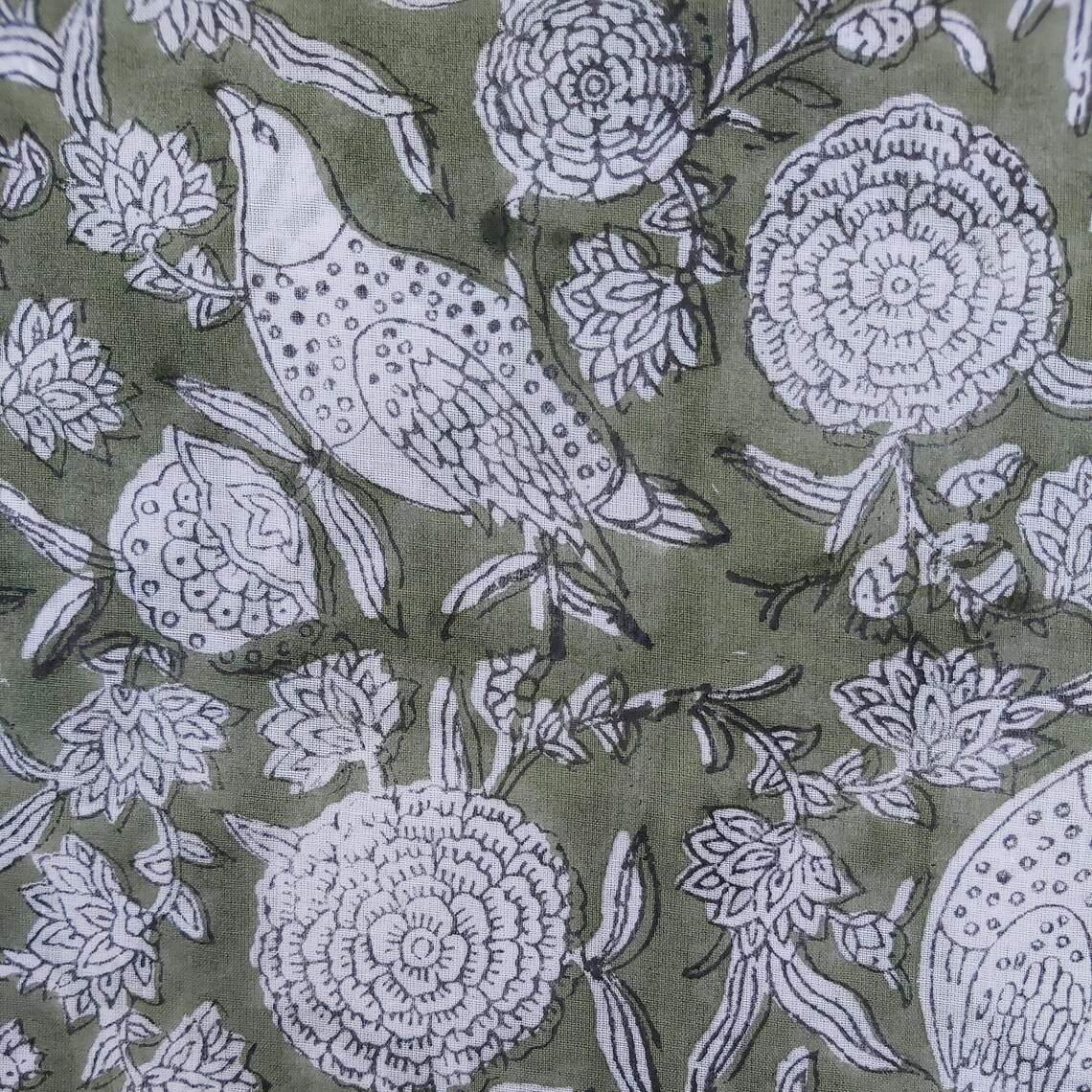 Green Bird Design Block Print Fabric Indian Cotton Fabric | Etsy
