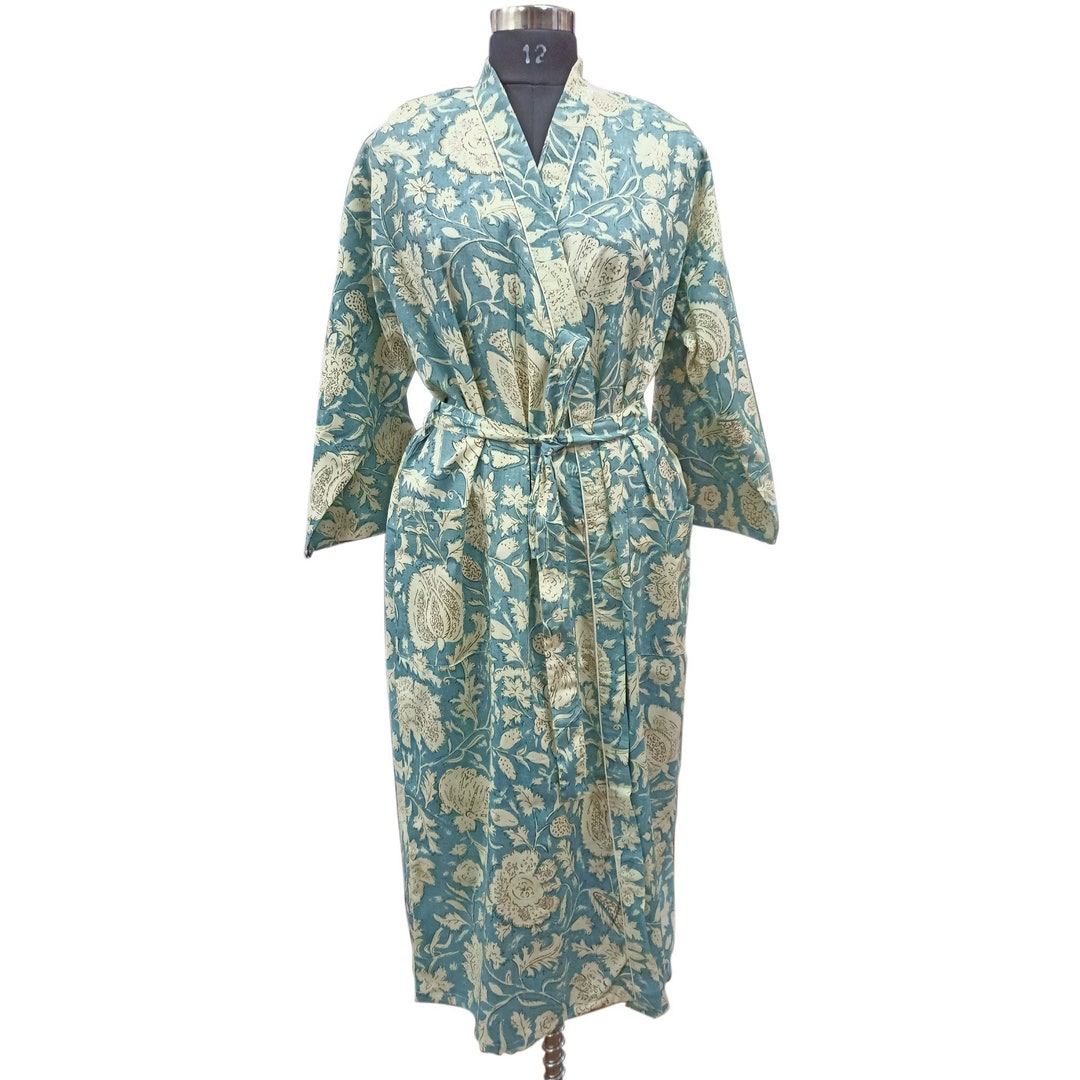 Indian Soft Cotton Kimono Robe, Hand Block Print Cotton Kimono, Floral ...