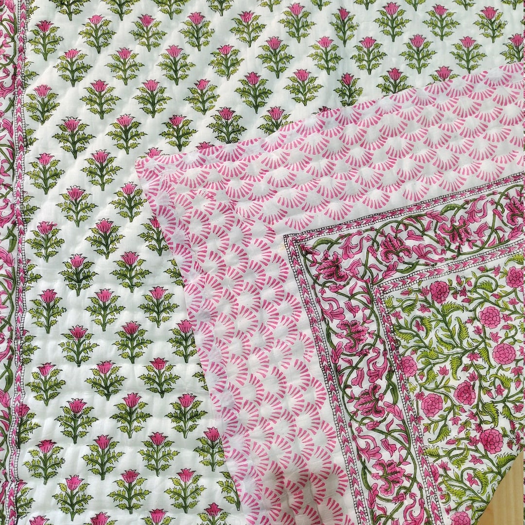 Indian Hand Block Print Quilt, Soft Cotton Quilt, Floral Print Quilt ...