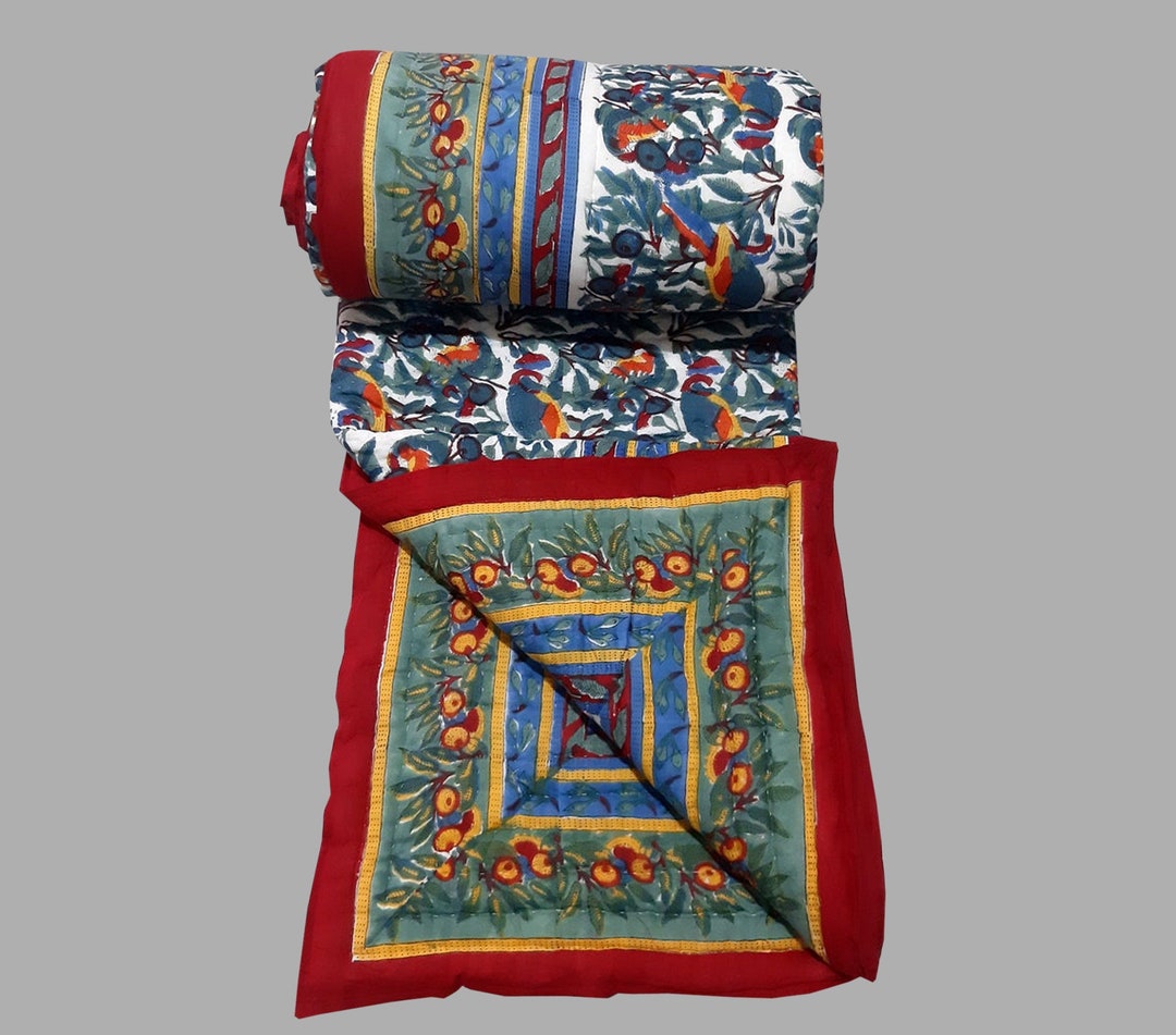 Red Floral Print Cotton Quilt, Hand Block Print Soft Cotton Quilt ...