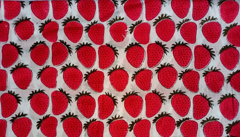 Strawberry Print Cotton Fabric: Hand Block Printed Indian Fabric by the ...