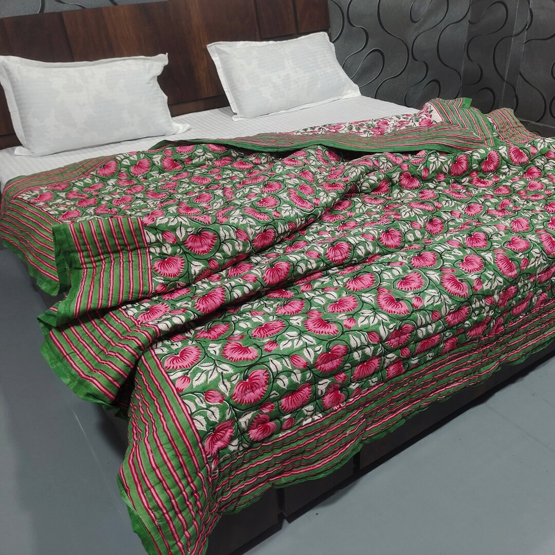 Green Lotus Print Cotton Quilt Block Print Quilt Soft Cotton - Etsy