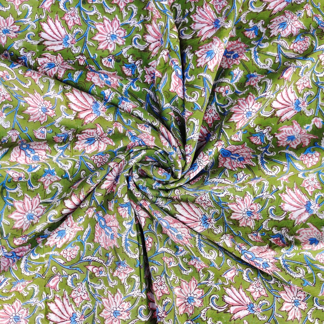 Green Floral Cotton Fabric: Hand Block Print Indian Fabric by the Yard ...