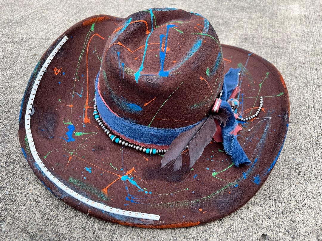 Shipsfree Rolled Brim Splatter Colorful Brown Country Football Vintage ...