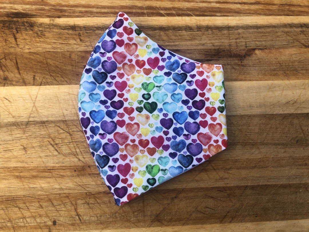 Watercolour Rainbow Hearts Face Mask Covering - 100% Cotton Triple ...