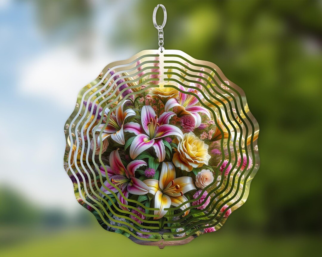 10" Colorful Aluminum Wind Spinner With Lilies & Summer Flowers, Garden ...