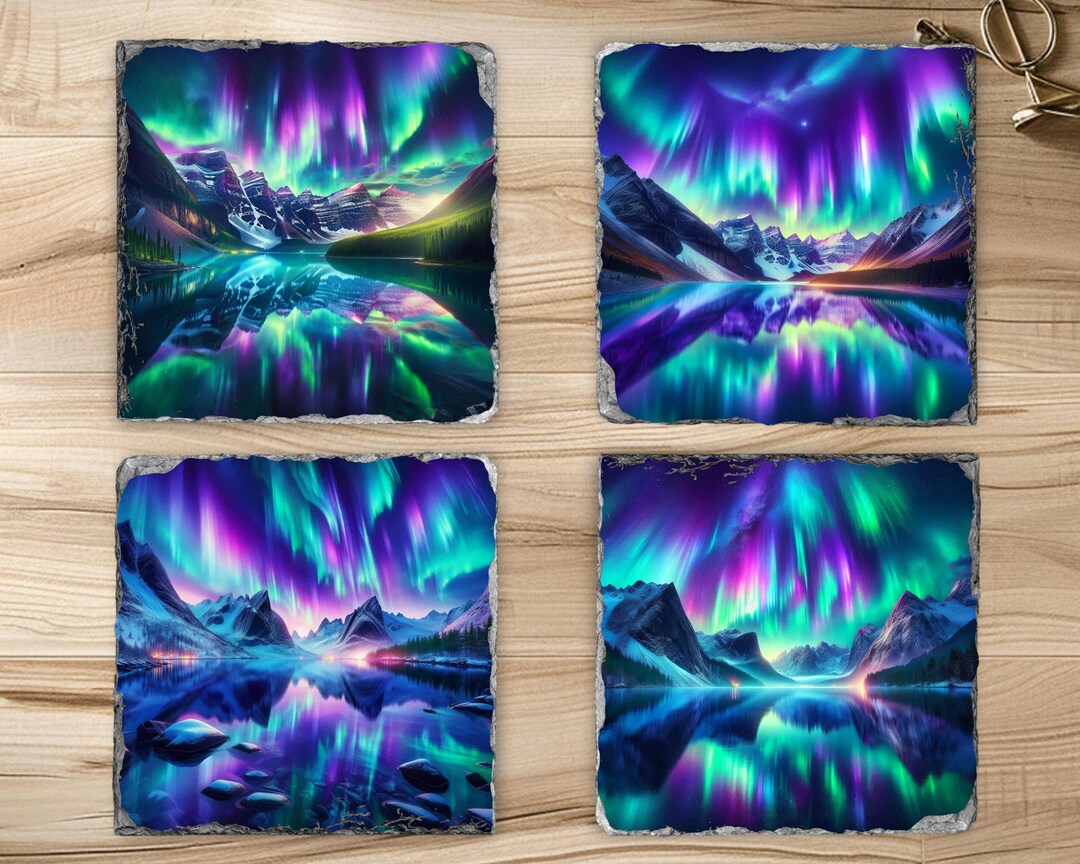 Northern Lights Slate Coaster Set, Rustic Nature Gift, Mountain Lake ...