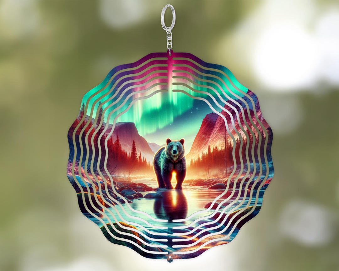 Grizzly Bear Wind Spinner, Aurora Borealis Mountain River Garden Decor ...