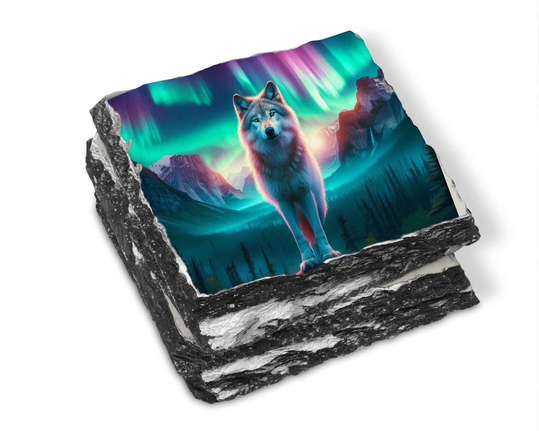 Wolf & Northern Lights Slate Coaster Set, Rustic Stone Drink Coasters ...