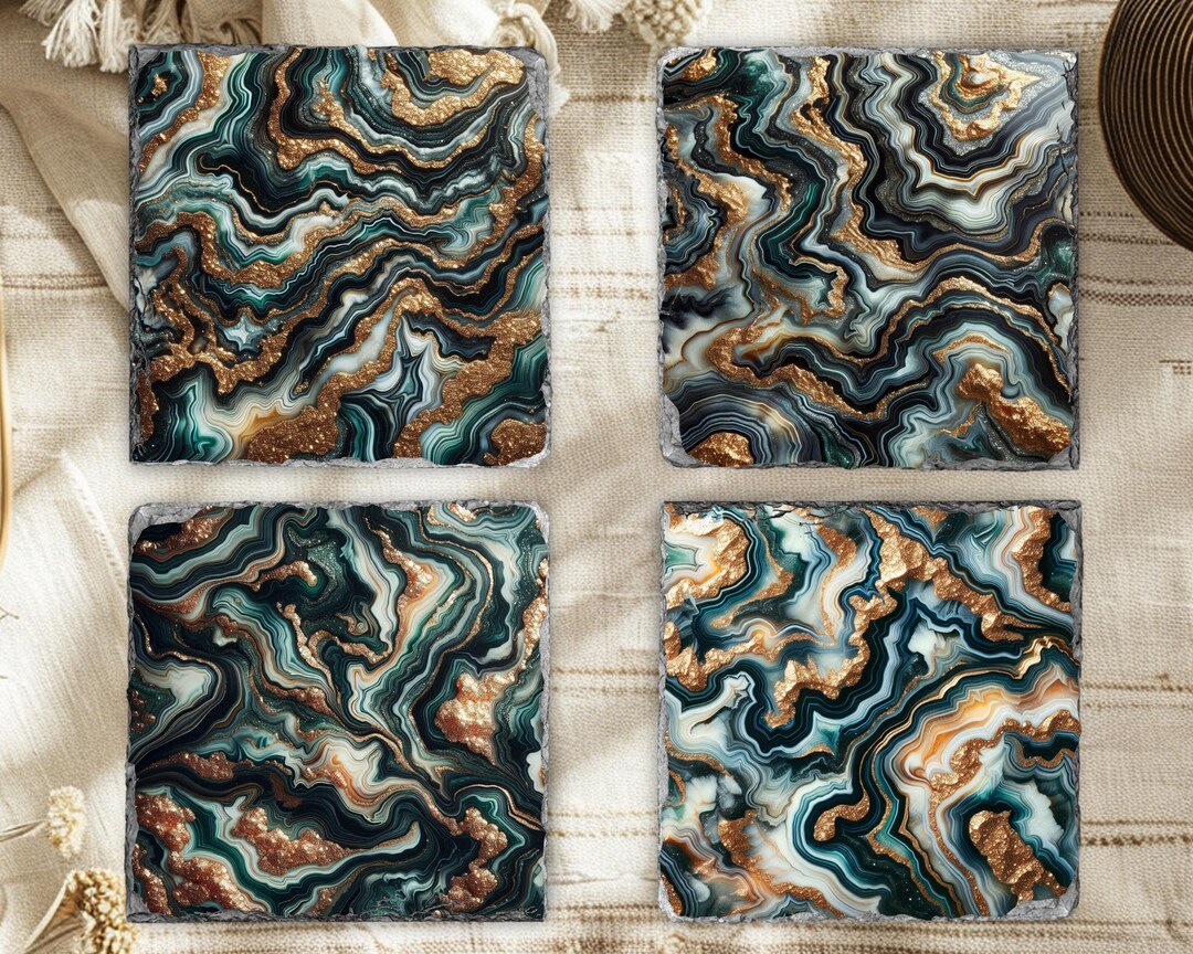 Fractured Edge Slate Coaster Set: Green, Gold, and Faux Silver Agate - Etsy