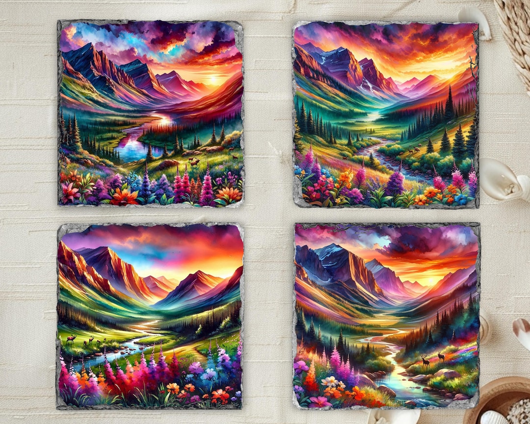 Mountain Valley Sunset Coaster Set - Rustic Stone Drinkware With Rack ...